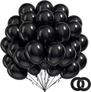 bauanooy 100pcs black balloons 12 inch, black latex balloons with black ribbon for graduation halloween birthday party decorations