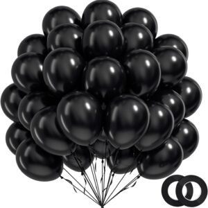 BAUANOOY 100pcs Black Balloons 12 inch, Black Latex Balloons with Black Ribbon for Graduation Halloween Birthday Party Decorations