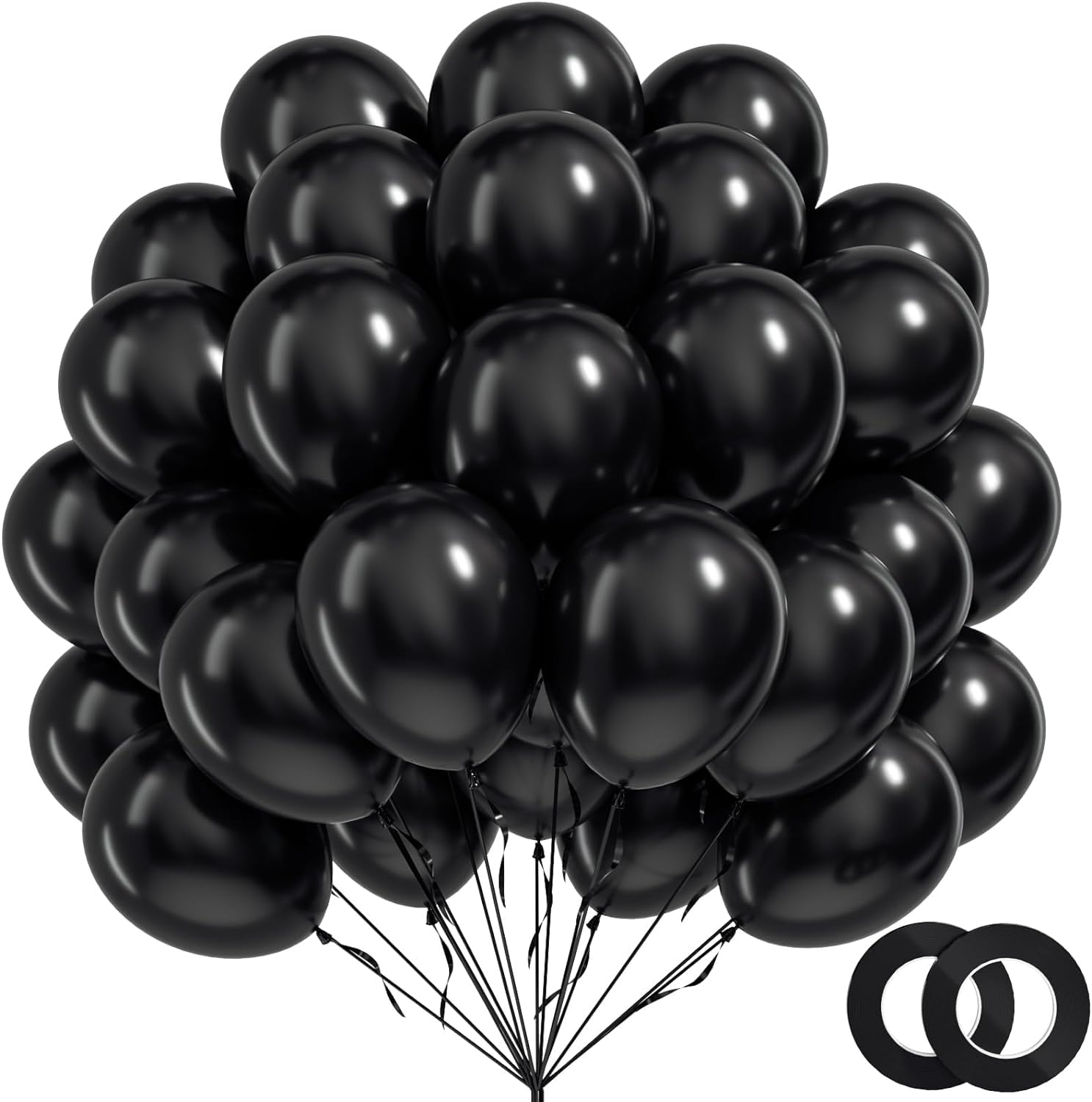 BAUANOOY 100pcs Black Balloons 12 inch, Black Latex Balloons with Black Ribbon for Graduation Halloween Birthday Party Decorations