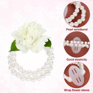 6PCS Wrist Corsage Bracelets, Glossy White Pearl Corsage Wristlet Band Elastic Pearl Wrist Strap Corsage Bracelets DIY Wrist Corsage Kit for Wedding Party Bride Bridesmaid Gift