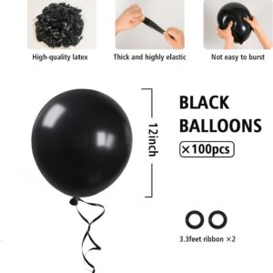 BAUANOOY 100pcs Black Balloons 12 inch, Black Latex Balloons with Black Ribbon for Graduation Halloween Birthday Party Decorations