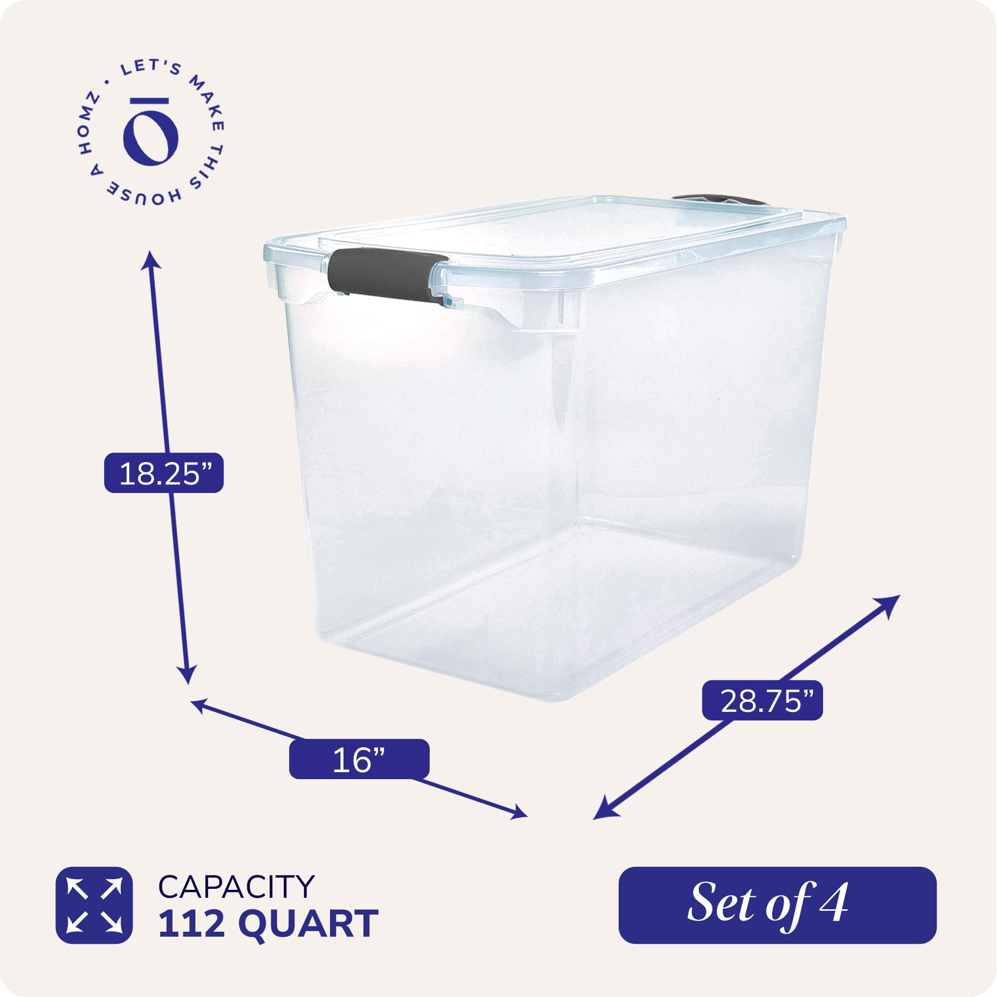 HOMZ 112 Quart Extra Large Rectangular Clear Plastic Storage Container Bins with Secure Latching Lid, Grey Latch, (4 Pack)