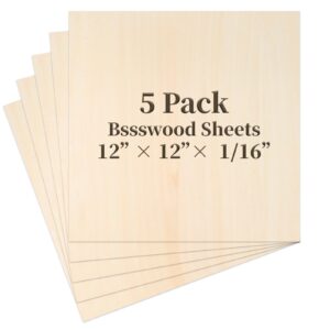 balsa wood sheet, 5 pack plywood sheets, basswood sheets 12 x 12 x 1/16 inch, unfinished craft wood, thin wood boards for laser cutting, engraving, wood burning, crafts