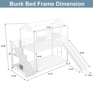 POLOPA Bunk Bed,Twin Over Twin Bunk Bed,Twin Bunk Bed with Stairs Storage and Slide,Twin Bunk Beds,Metal Bunkbeds Frame with Guardrails for Kids Teens Girls Boys Toddlers (White)