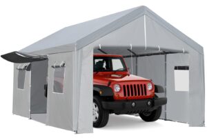 carport canopy 10x20 heavy duty, car tent with sidewalls & doors removable & roll-up and down mesh windows, portable garage all weather, car canopy for suv & boats & truck, gray