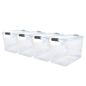 homz 112 quart extra large rectangular clear plastic storage container bins with secure latching lid, grey latch, (4 pack)