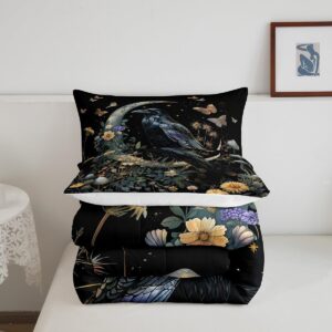 Black Crow Comforter Set King Size,Moon Daisy Flower and Butterfly Bedding Set,Kids Girls Boys Teens Room Decor,Halloween Theme Animals Plants Quilt Set Boho Trippy Duvet Insert,2 Pillowcases