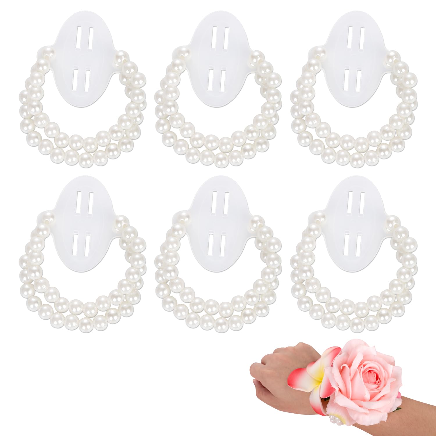 6PCS Wrist Corsage Bracelets, Glossy White Pearl Corsage Wristlet Band Elastic Pearl Wrist Strap Corsage Bracelets DIY Wrist Corsage Kit for Wedding Party Bride Bridesmaid Gift