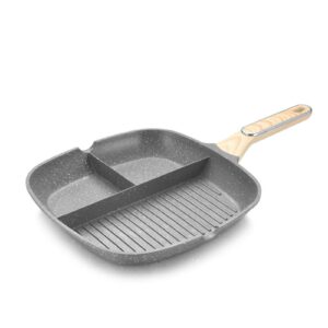 tauvirboff nonstick grill pan, 3-in-1 nonstick divided breakfast grill pan for stove tops, egg frying pan for egg, bacon & burgers, stone coating cookware for gas, electric & induction, 11“ (black)