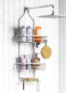 adjustable shower caddy hanging, euhome never rust shower organizer, aluminum 3-tier large capacity shower caddy over showerhead with hooks, soap/razor holder