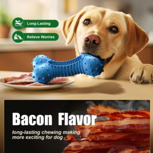 Ouilter Dog Toys for Aggressive Chewers, Dog Chew Toys for Medium Large Dogs, Durable Natural Rubber Dog Toys with Bacon Flavor, Indestructible Dog Toy,Blue