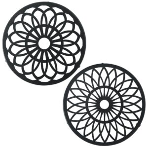 teakiss 2 pack decorative round flower trivets - 7 inch iron pot pads, black elegant kitchen and dining table protector, teapot stands holders