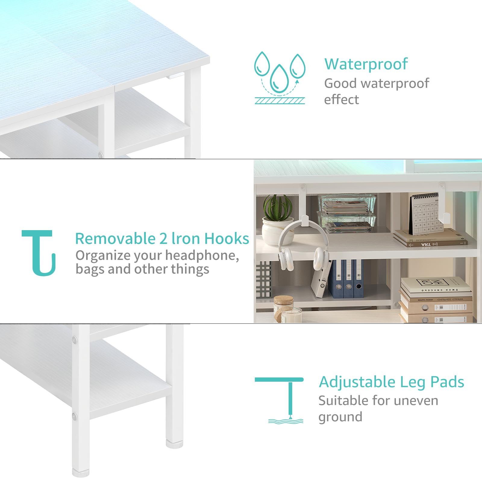 Lufeiya White Desk with Storage Shelves - 47 inch Home Office Gaming Desk with Monitor Stand, Computer Desk with LED Lights and Power Outlets, White