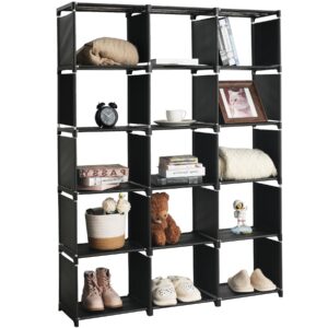 antsun book shelf assembled storage rack 6/9/12/15/18/20 grid diy bookcase vertical cabinet bookshelves large cube storage orangnizer shelves for bedroom, living room, home office (15-grid black)