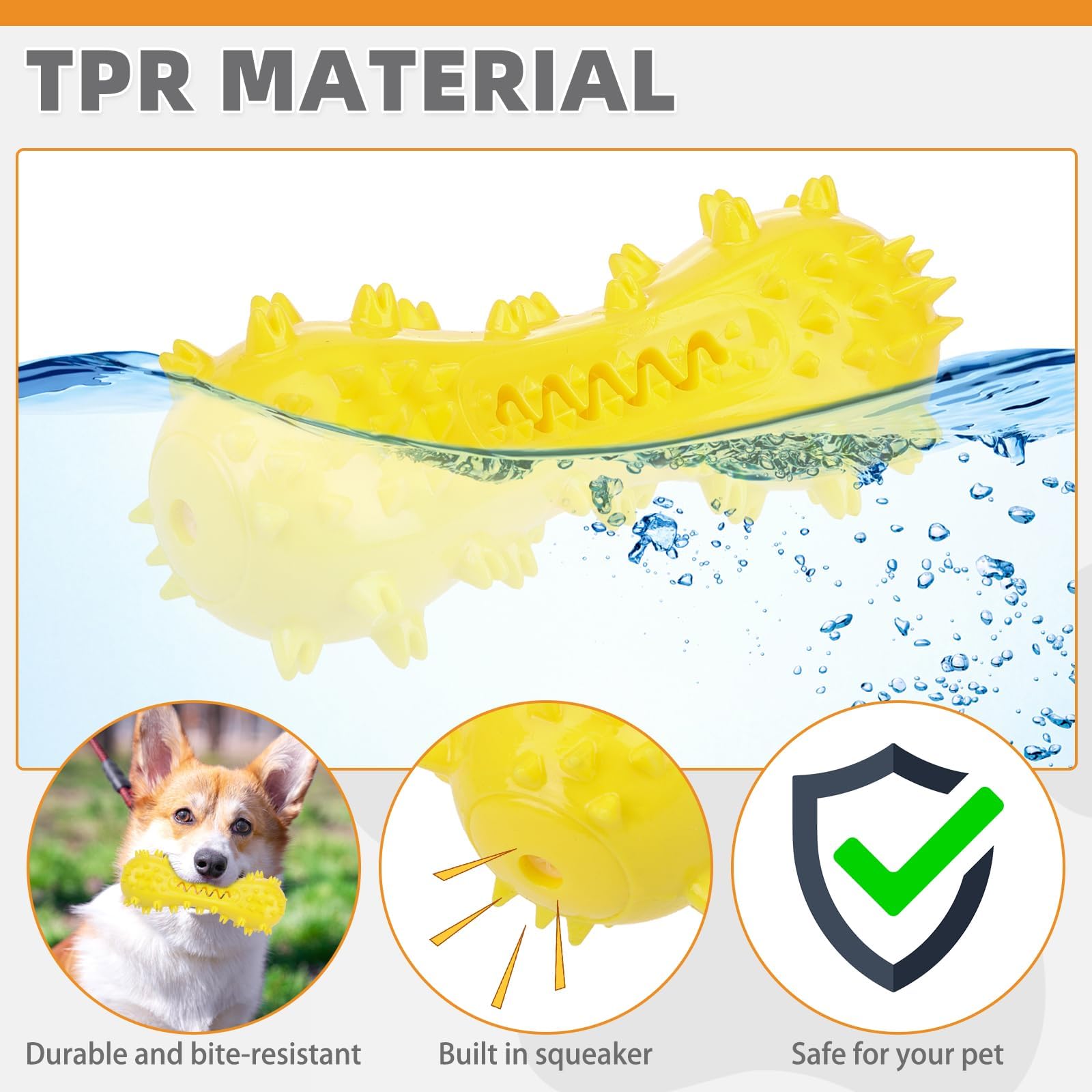 KOOLTAIL Indestructible Dog Toy, Floating Dog Toys for Swimming Pool,Dog Toothbrush Chew Toy, Interactive Training Games Funny Squeaky Dog Toy for Aggressive Chewers Small Medium Large Dogs Yellow