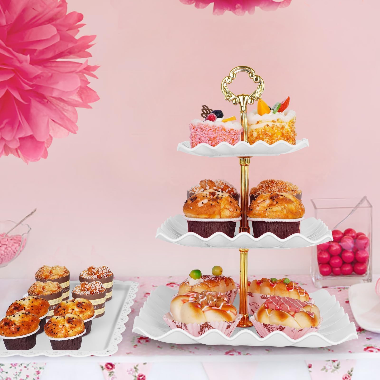 5 Pcs Dessert Table Display Set - 2 Pcs 3-Tier Dessert Display Stands & 3 Pcs Serving Tray - Dessert Trays Dessert Stands Treat Table Displays Set for Tea Parties,Birthdays & Baby Showers