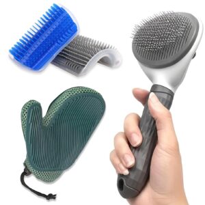 4 pcs cat brush kit for indoor cats, self-cleaning slicker cat brush, cat brush glove, and 2 cat wall scratchers for easy shedding, detangling, and relaxing grooming for long and short-haired cats