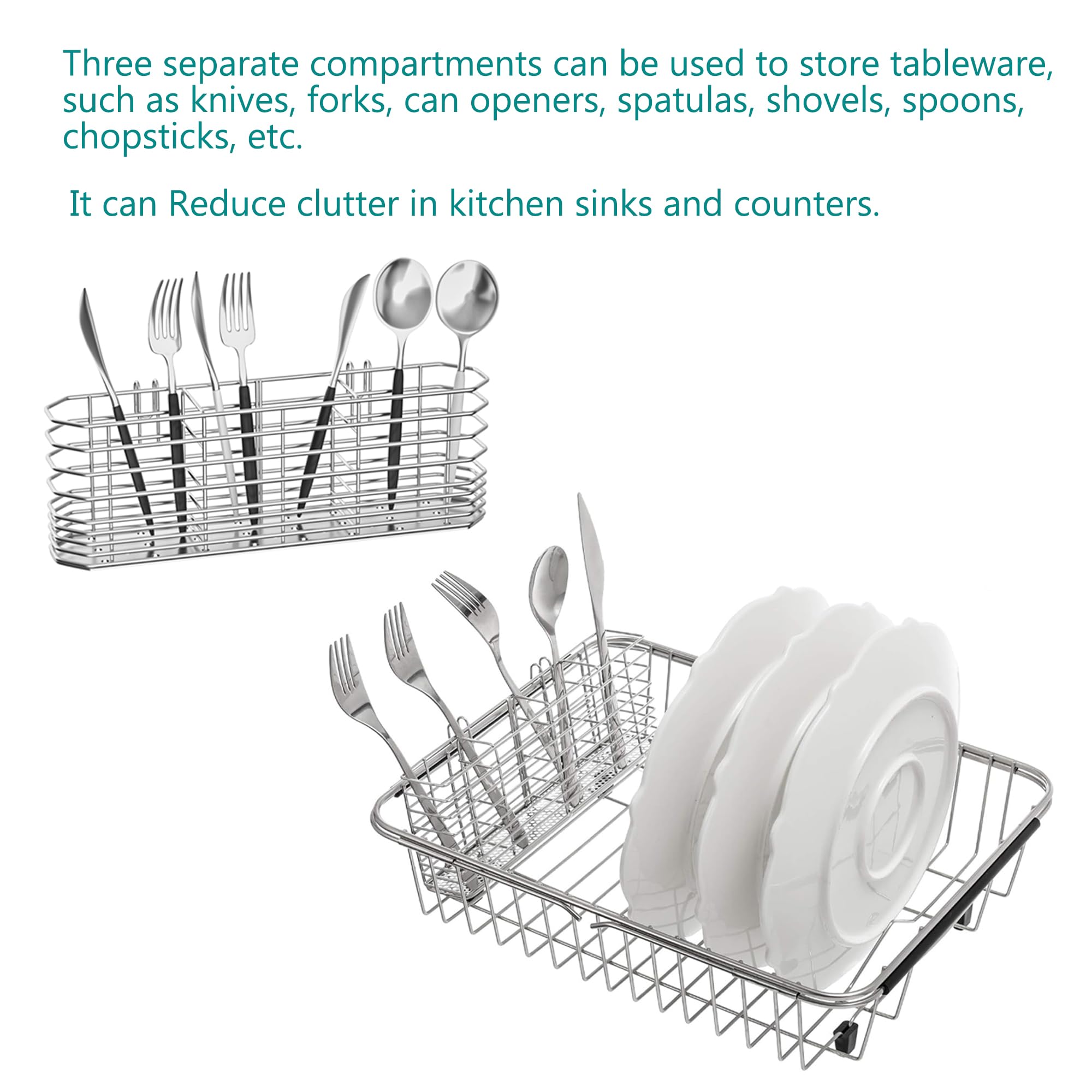 NiuYichee 304 Stainless Steel Utensil Holder, Dish Drying Rack, Kitchen Utensil Organizer, Knife and Fork Drainage Rack, Kitchen Drainage Basket Accessories, with Hooks, Rust Proof, Color-Silver