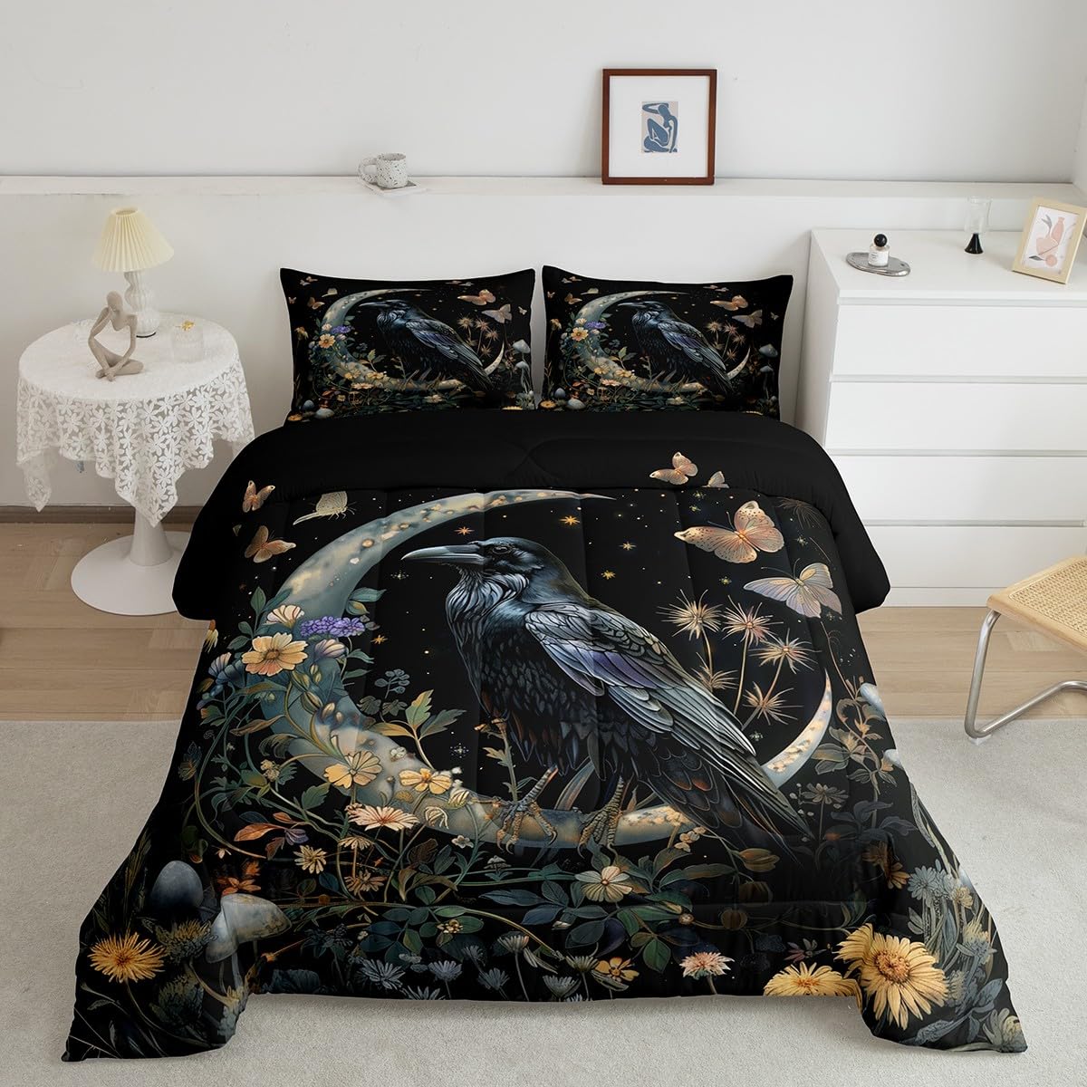 Black Crow Comforter Set King Size,Moon Daisy Flower and Butterfly Bedding Set,Kids Girls Boys Teens Room Decor,Halloween Theme Animals Plants Quilt Set Boho Trippy Duvet Insert,2 Pillowcases