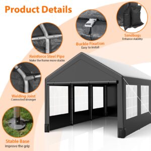 Carport 10x20ft Portable Garage, Heavy Duty Car Canopy with Roll-up Ventilated Windows & Side Doors, All-Season Tarp Car Port for SUV, Car, Truck, Boat