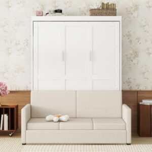 lz leisure zone queen size murphy bed, wooden queen murphy bed with cushion, wall bed with sofa for home office or small room, white