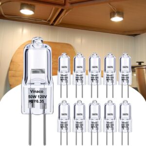 vinaco gy6.35 halogen bulb, 10 pack 50w 120v t4 gy6.35 bi-pin base clear halogen bulb, gy6.35 bulb dimmable with 2800k warm white, t4 gy6.35 120v 50w for pendant light, microwave oven, table lamp