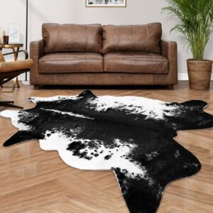 faux fur cowhide area rugs 5.6x7.3, large size jacquard weave animal printed carpets for bedroom living room rustic western home decor, no shedding and no fading