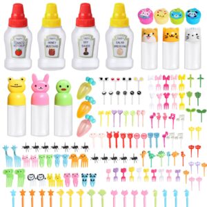 yhchlhff 143 pcs bento box accessories condiment squeeze bottles kids lunch accessories reusable sauce containers mini ketchup bottle and animal fruit food toothpicks