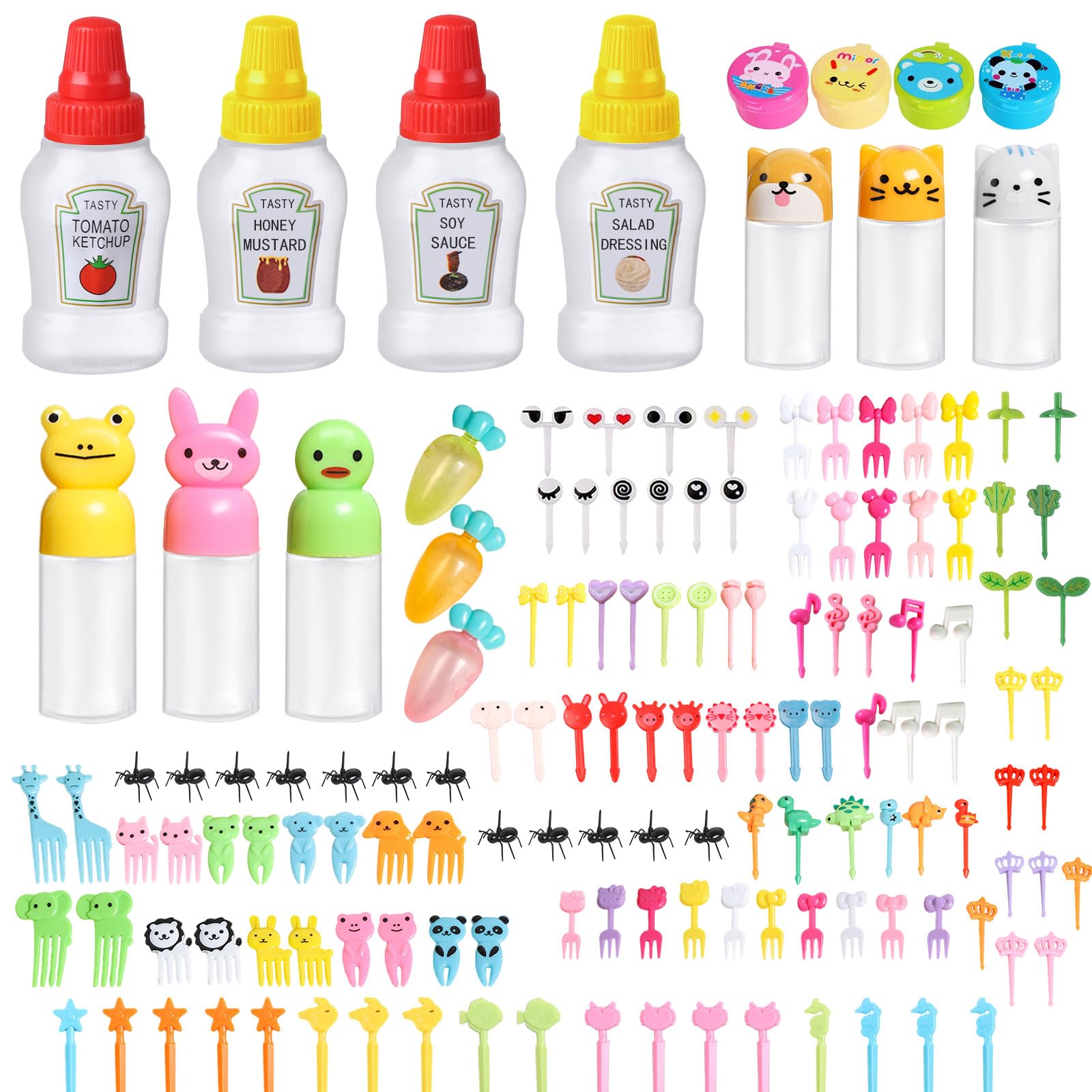 YHCHLHFF 143 Pcs Bento Box accessories Condiment Squeeze Bottles Kids Lunch Accessories Reusable Sauce Containers Mini Ketchup Bottle And Animal Fruit Food Toothpicks