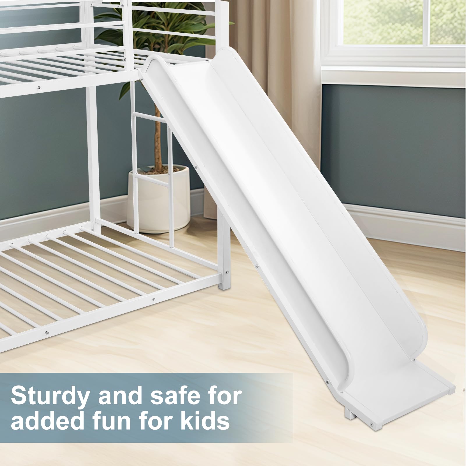 POLOPA Bunk Bed,Twin Over Twin Bunk Bed,Twin Bunk Bed with Stairs Storage and Slide,Twin Bunk Beds,Metal Bunkbeds Frame with Guardrails for Kids Teens Girls Boys Toddlers (White)