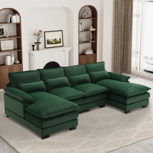 suheww 109.8" u shaped sectional sofa cloud couch, modern velvet u shaped couch, large modular sleeper sofa with double chaise for living room apartment guest room green