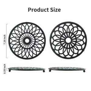 TEAKISS 2 Pack Decorative Round Flower Trivets - 7 Inch Iron Pot Pads, Black Elegant Kitchen and Dining Table Protector, Teapot Stands Holders