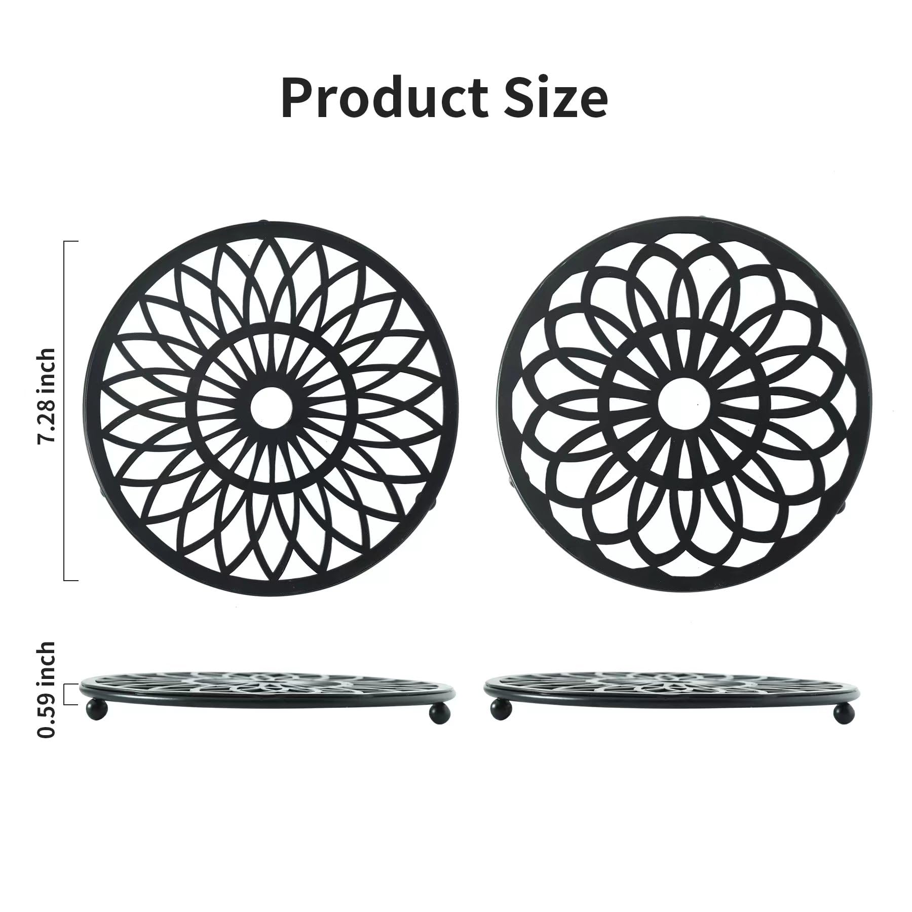 TEAKISS 2 Pack Decorative Round Flower Trivets - 7 Inch Iron Pot Pads, Black Elegant Kitchen and Dining Table Protector, Teapot Stands Holders