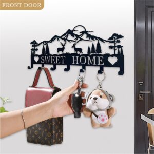 FengPingZi, Key Holder Wall Mount, 2 Pack Metal Black Key Hanger for Wall Decor with 7 Hooks and Brown Organiser Rack for Wall with 4 Hooks for Living Room, Entryway, Bathroom, Kitchen