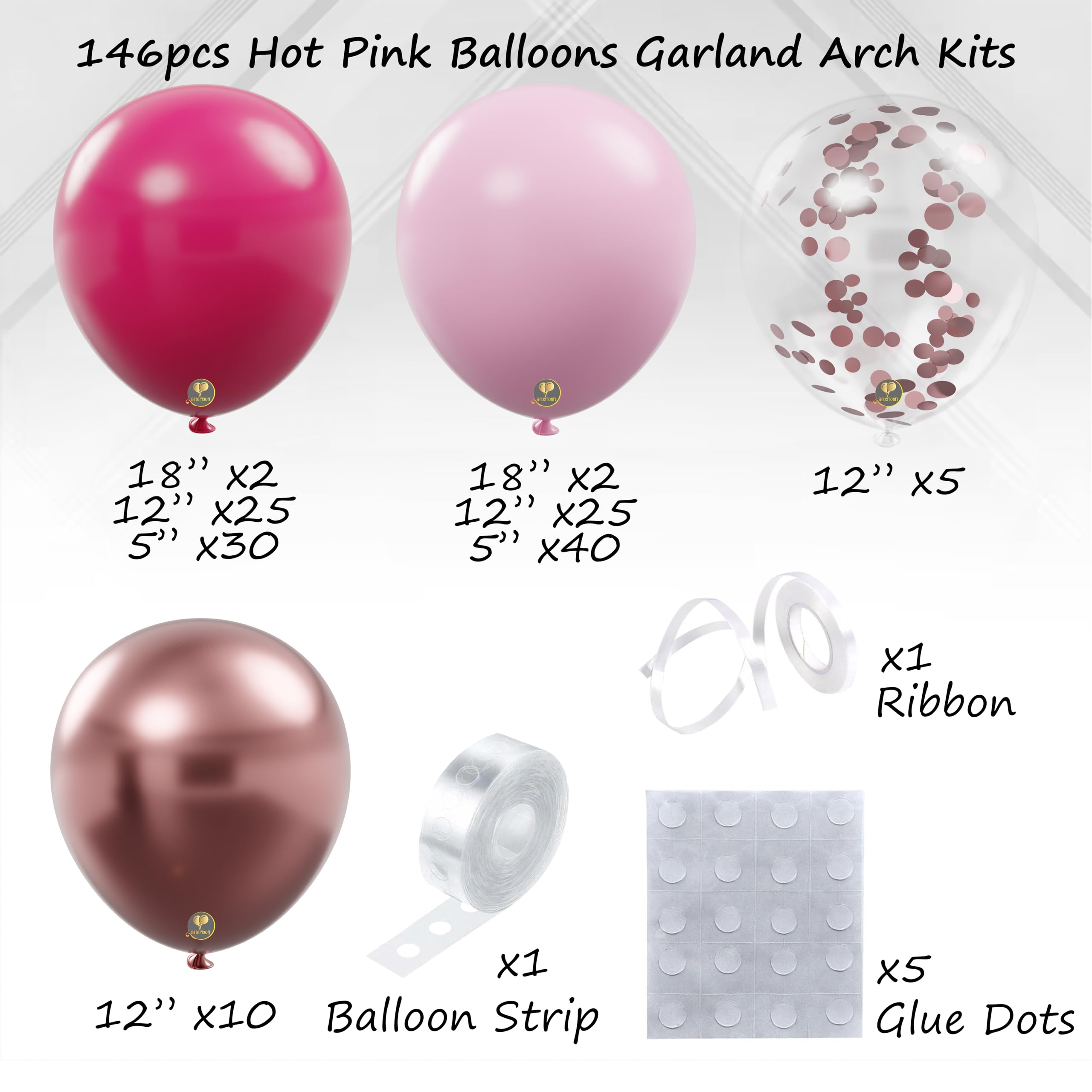 AFTERLOON® Biodegradable Balloons 146pcs Hot Pink Metallic Confetti Different Sizes 18" 12" 10" 5" Balloon Garland Arch Kit perfect for Birthday Party Decorations, Baby Shower, Wedding and Anniversary