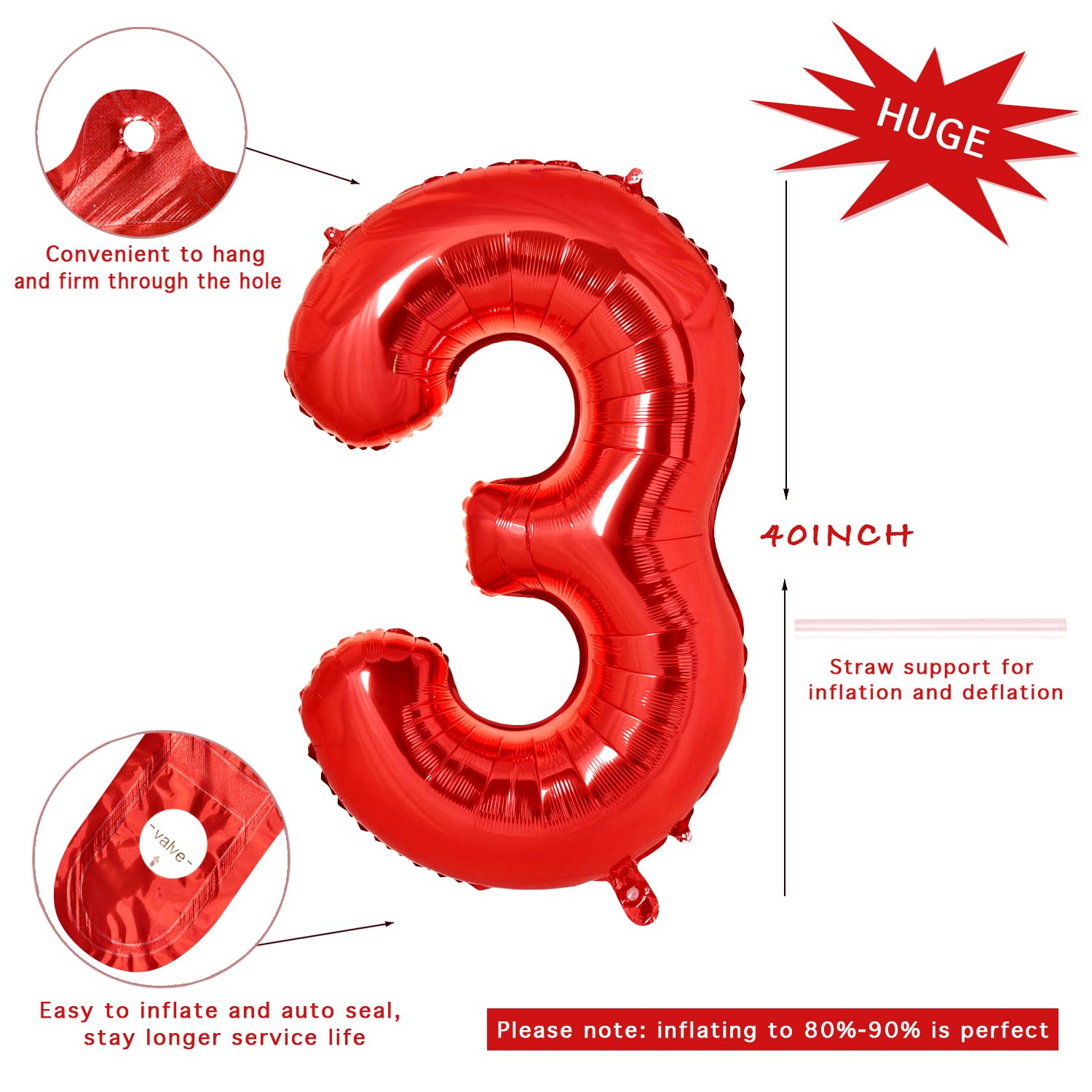 Large Number 3 Balloons,40 inch Number Balloons for Birthday Graduation Wedding Anniversary Celebration Party Decorations (Red)