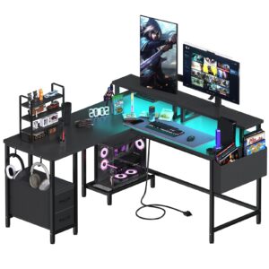 lufeiya l shaped gaming desk with led lights and power outlets, 47 inch corner home office desk with monitor stand shelves, writing study computer desks with fabric drawers for bedroom, black