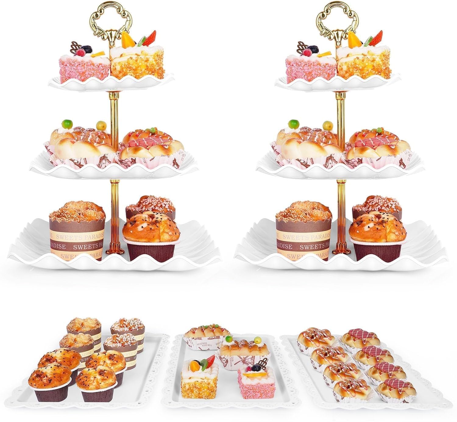 5 Pcs Dessert Table Display Set - 2 Pcs 3-Tier Dessert Display Stands & 3 Pcs Serving Tray - Dessert Trays Dessert Stands Treat Table Displays Set for Tea Parties,Birthdays & Baby Showers