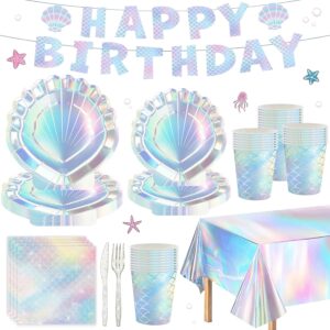 122PCS Mermaid Party Supplies for Girls Baby Shower Birthday Party Under the Sea Little Mermaid Themed Decor Iridescent Shell Plates Napkins Cups Knives Forks Tablecloths Banners Serves 20 Guests