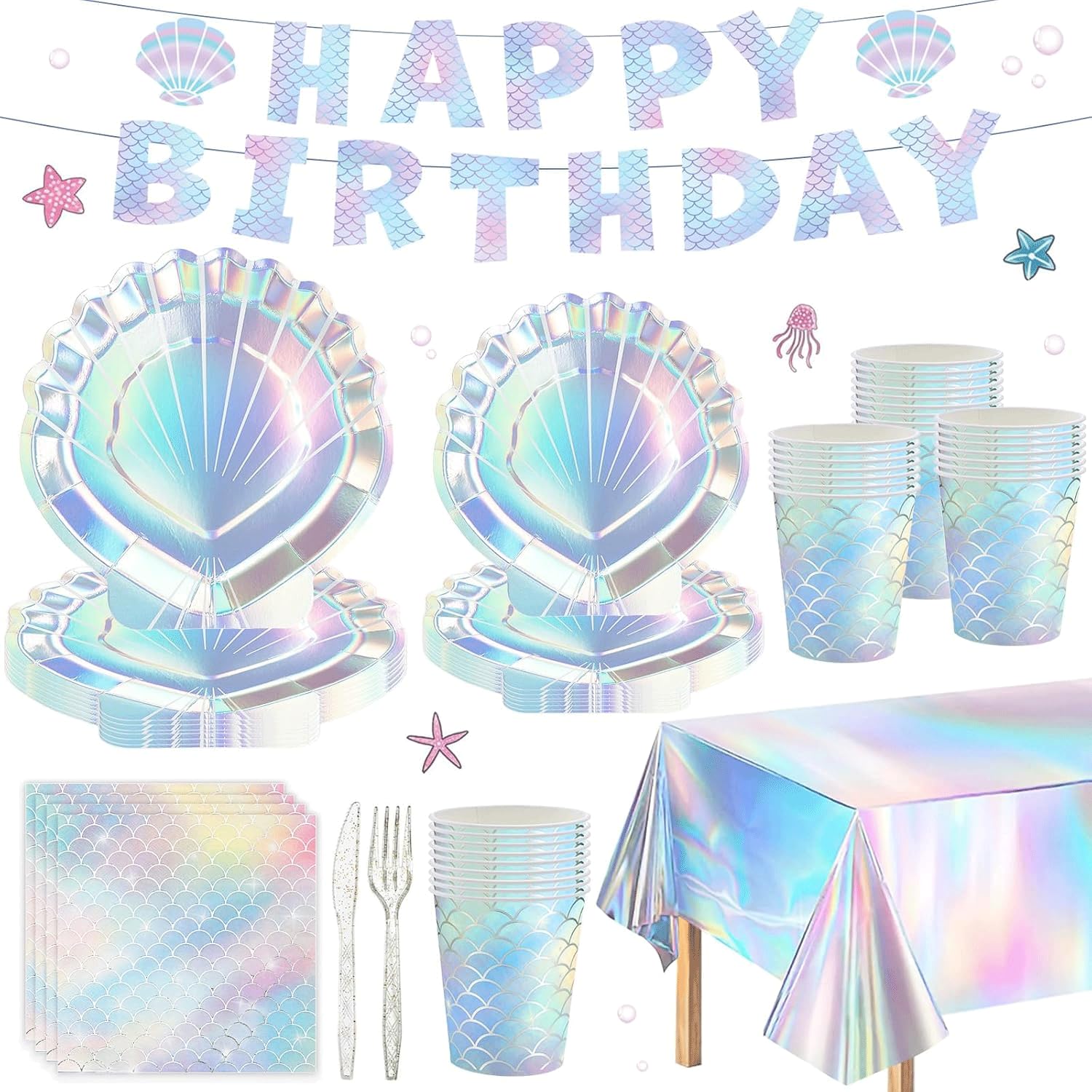 122PCS Mermaid Party Supplies for Girls Baby Shower Birthday Party Under the Sea Little Mermaid Themed Decor Iridescent Shell Plates Napkins Cups Knives Forks Tablecloths Banners Serves 20 Guests