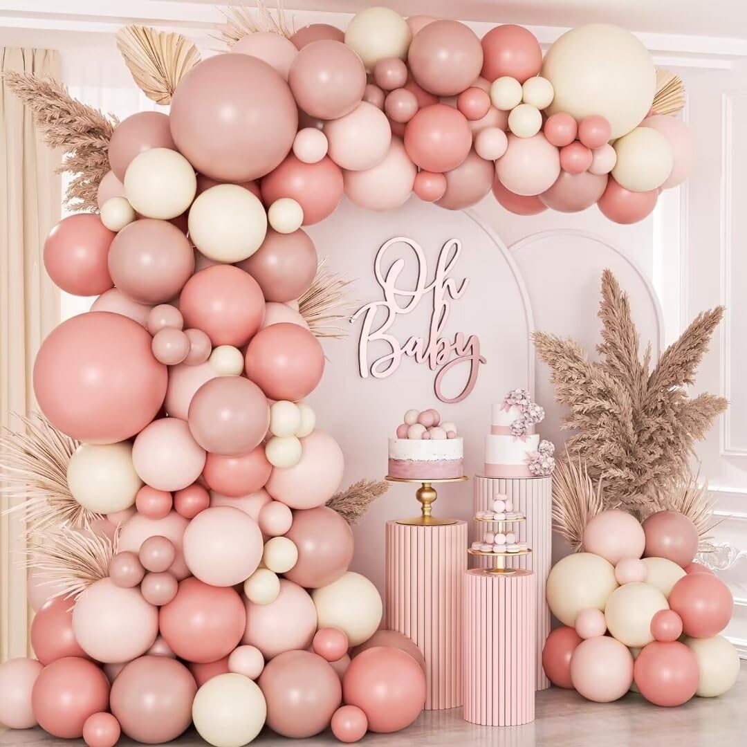 126pcs Boho Dusty Rose Pink Blush Pink White Balloons Garland Arch Kit,Dusty Pink Sand White Balloons for Birthday Bridal Wedding Boho Baby Shower Party Decorations