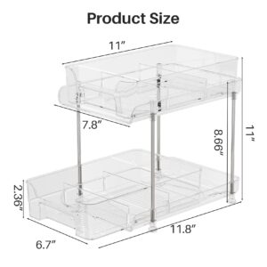 2 Packs 2-Tier Bathroom Counter Organizer, Pull-Out Skincare Perfume Make up Organizers for Vanity Countertop Tray with 4 Removable Dividers, Transparent Bathroom Organizers and Storage for Cabinet