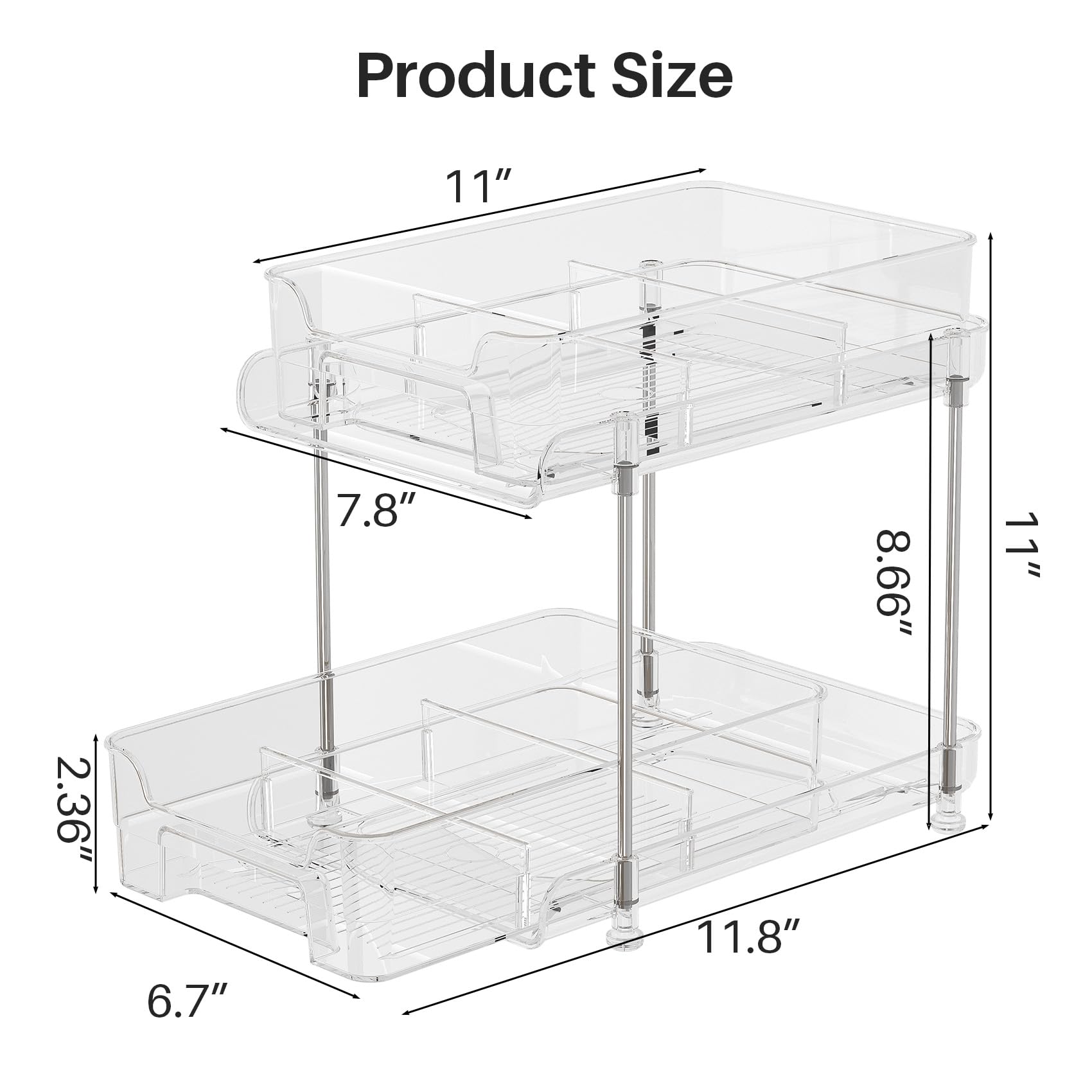 2 Packs 2-Tier Bathroom Counter Organizer, Pull-Out Skincare Perfume Make up Organizers for Vanity Countertop Tray with 4 Removable Dividers, Transparent Bathroom Organizers and Storage for Cabinet