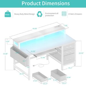 Lufeiya White Computer Desk with File Drawers Cabinet, 47 Inch Home Office Desks with Keyboard Tray, Gaming Desk with LED Lights and Power Outlets, Writing Table PC Desks with Monitor Stand, White