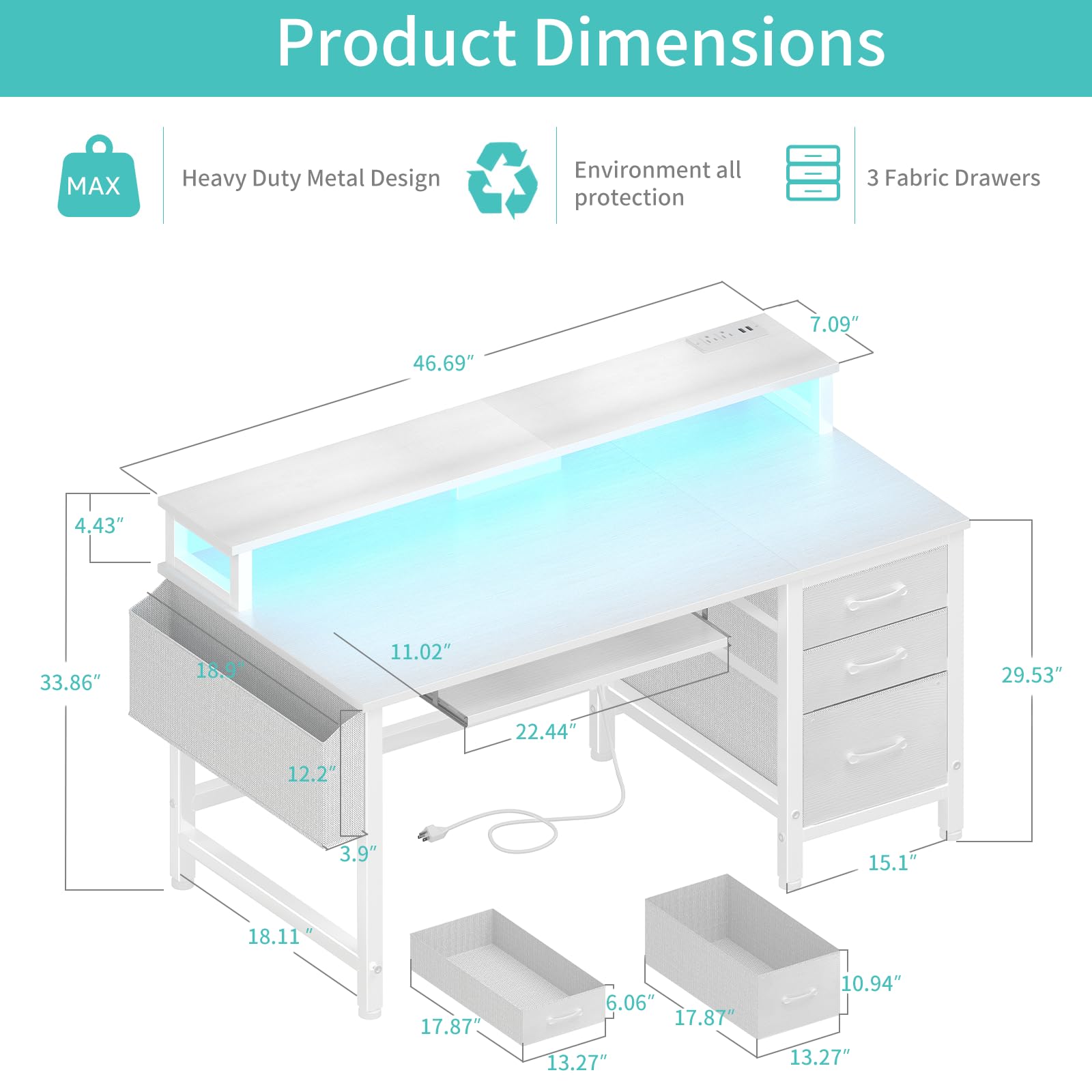 Lufeiya White Computer Desk with File Drawers Cabinet, 47 Inch Home Office Desks with Keyboard Tray, Gaming Desk with LED Lights and Power Outlets, Writing Table PC Desks with Monitor Stand, White