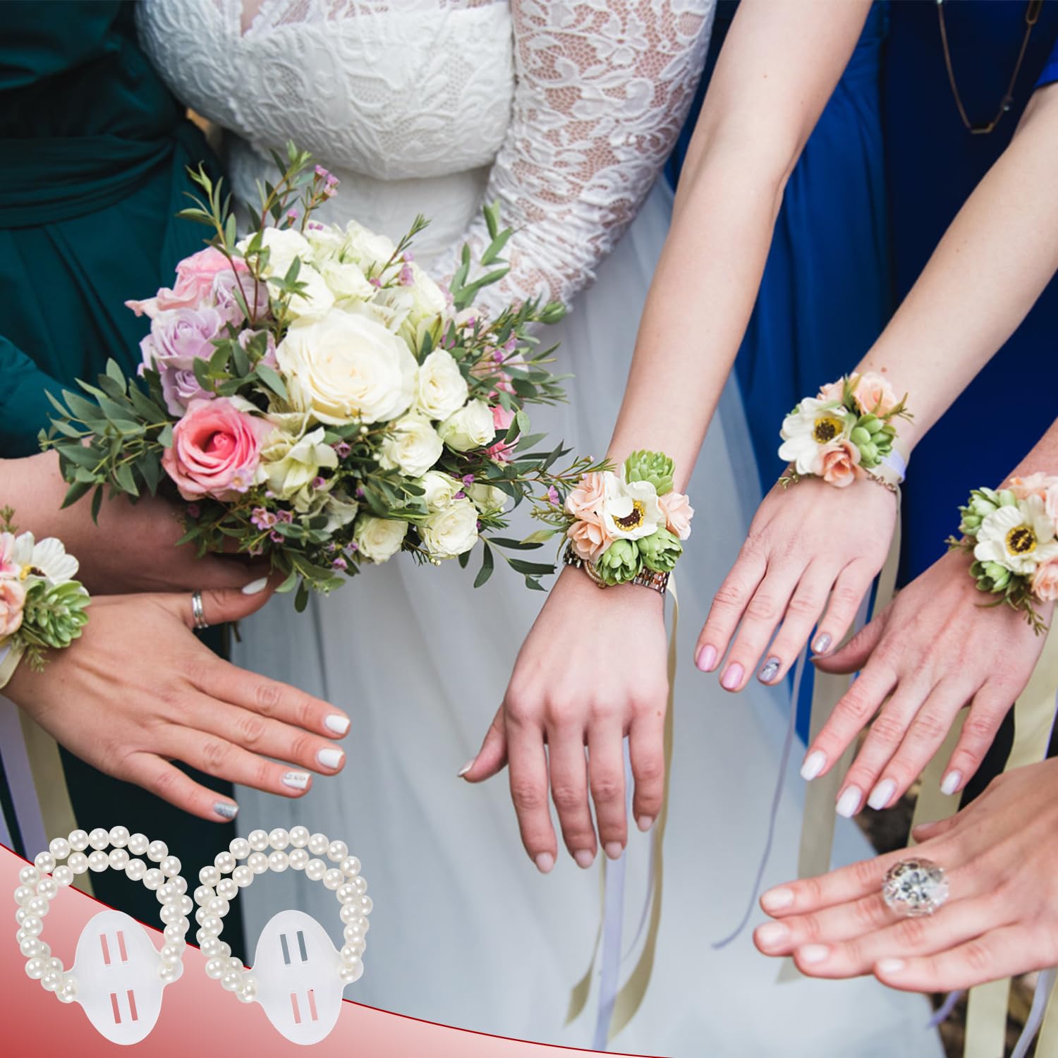 6PCS Wrist Corsage Bracelets, Glossy White Pearl Corsage Wristlet Band Elastic Pearl Wrist Strap Corsage Bracelets DIY Wrist Corsage Kit for Wedding Party Bride Bridesmaid Gift