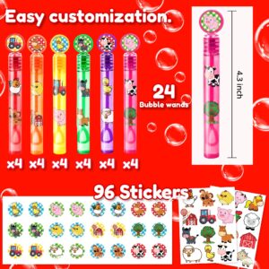 24PCS Farm Animal DIY Bubble Wands Party Favors 96PCS Stickers for Goodie Bag Fillers Pinata Stuffers, Mini Bubble Bulk Birthday Party Supplies Toys Gifts Class Prizes for Toddlers Boys Girls