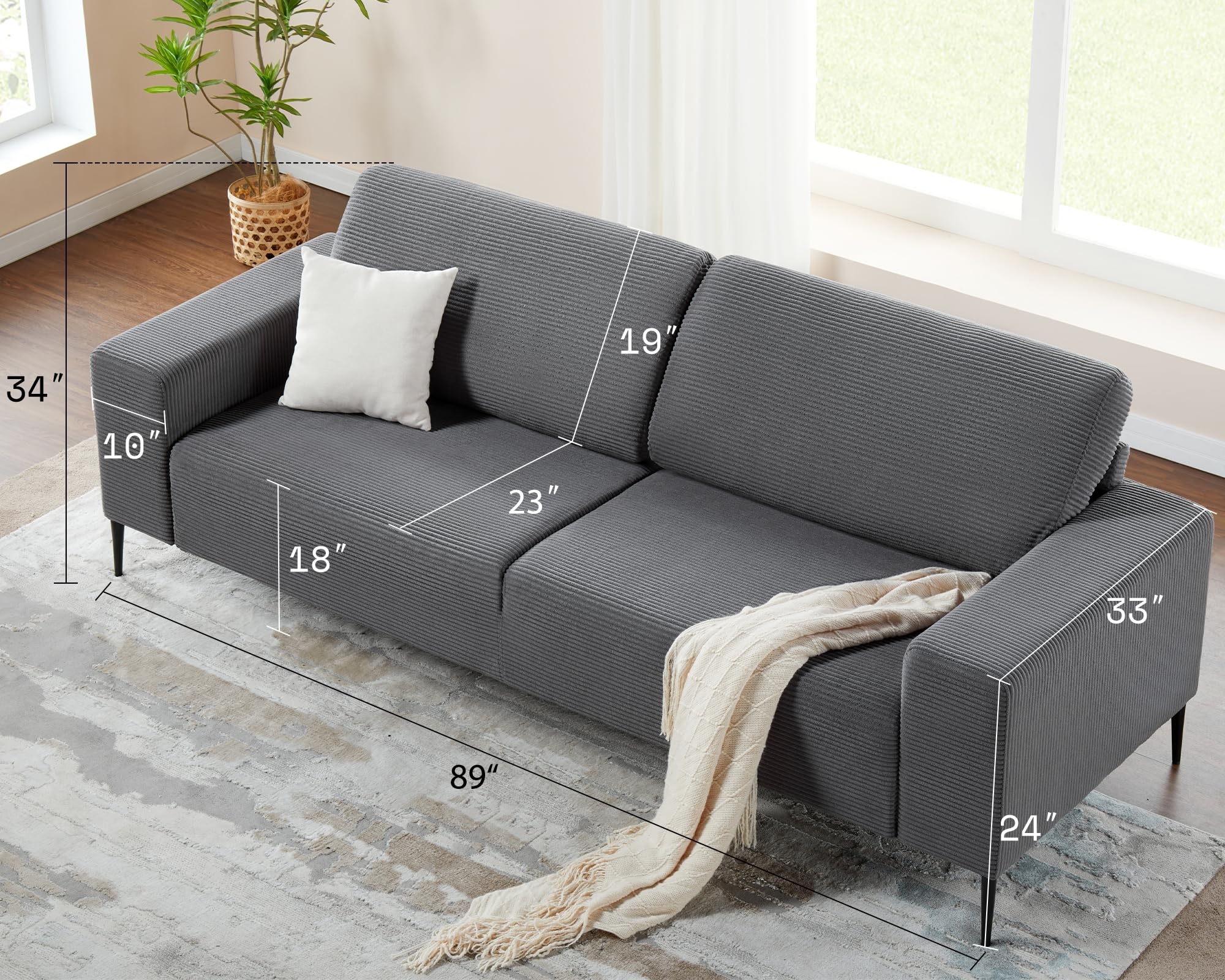 AMERLIFE Couch, 89 inch 3 Seater Sofa Couch- Cozy Couch with Extra Deep Seats, Modern Sofa Couch for Living Room, Grey Corduroy