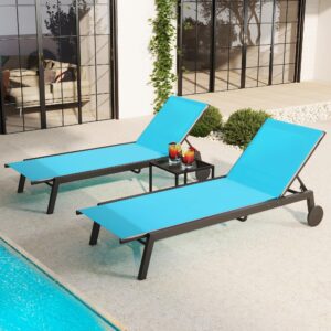 yitahome patio chaise lounge set of 3, outdoor lounge chairs with side table, adjustable backrest poolside loungers with wheels for pool beach patio lawn porch - blue