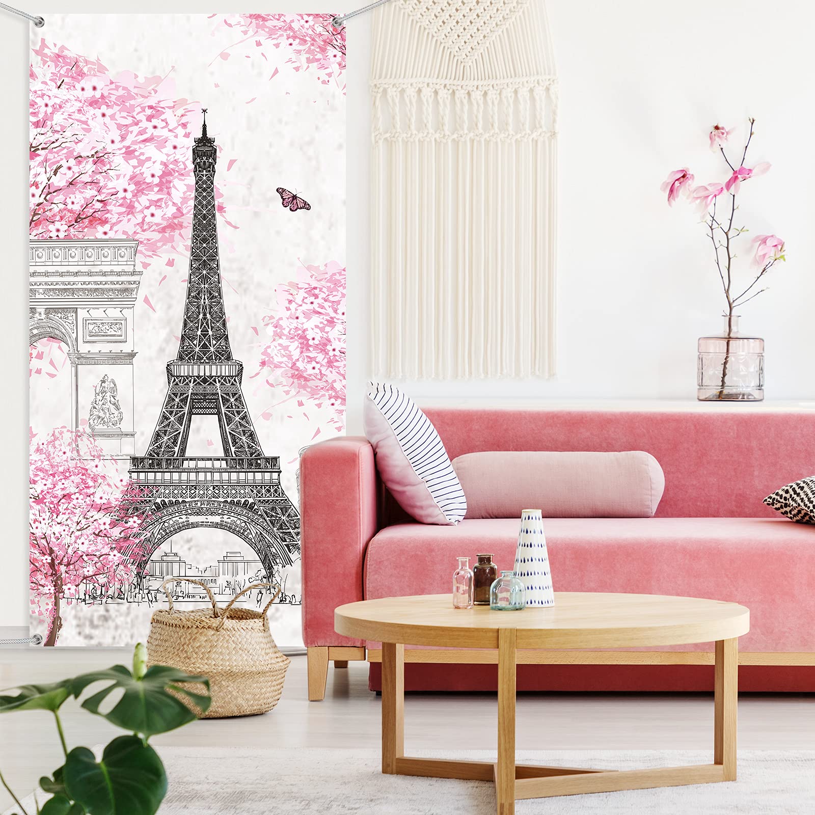 Tatuo Paris Eiffel Tower Backdrop Pink Eiffel Tower Background Banner 70.9 x 35.4 Inch Paris Pink Tree Wall Hanging Decor for Girls Bedroom Living Room Photograph Party Decoration